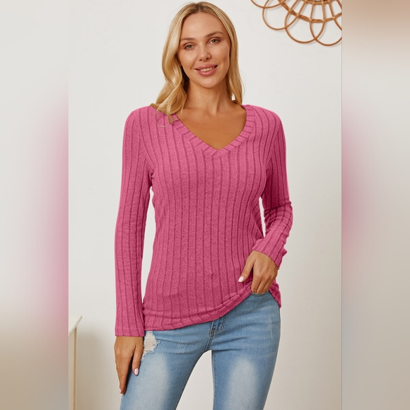 Basic Bae | Tops | Basic Bae Full Size Ribbed Vneck Long Sleeve Tshirt ...